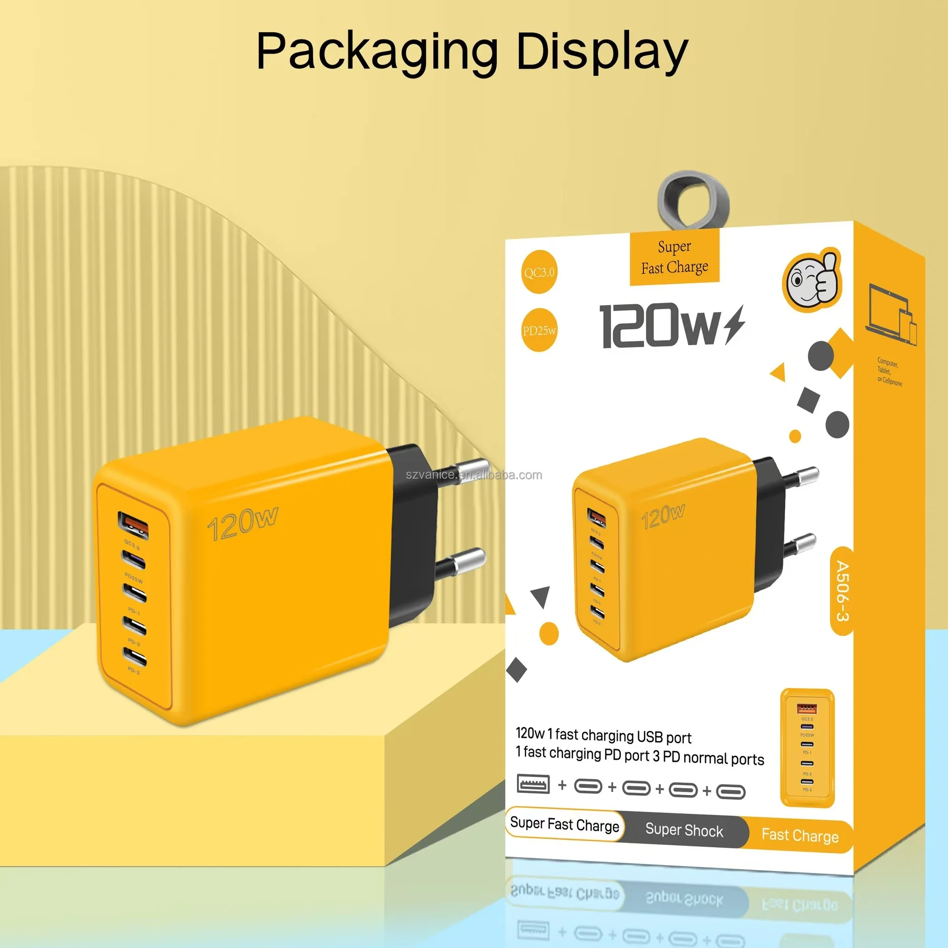 120W 4 Ports Type C+usb QC 3.0 Fast Wall Charger Portable Cell Phone ...