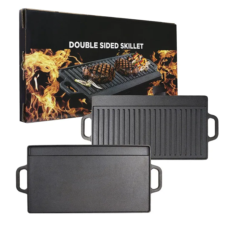 CAST IRON LARGE 2 SIDED GRIDDLE, FLAT AND RIBBED DOUBLE-SIDE TO USE ...