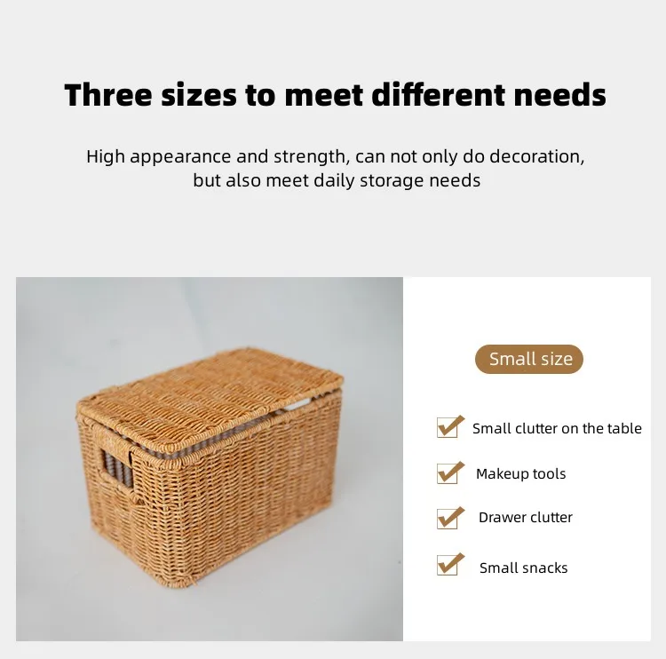 Handmade Rectangle Storage Rattan Basket With Lid Bins Woven Storage ...