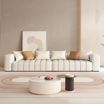 Italian Piano Keys Leather Sofa Cream Style Straight Row Four-seat ...