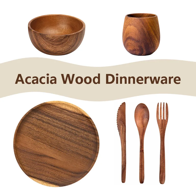Acacia Wood Dinnerware Set Wooden Bowl Dinner Plate Cup 6 Pcs Wooden Cutlery Set For Restaurant ...