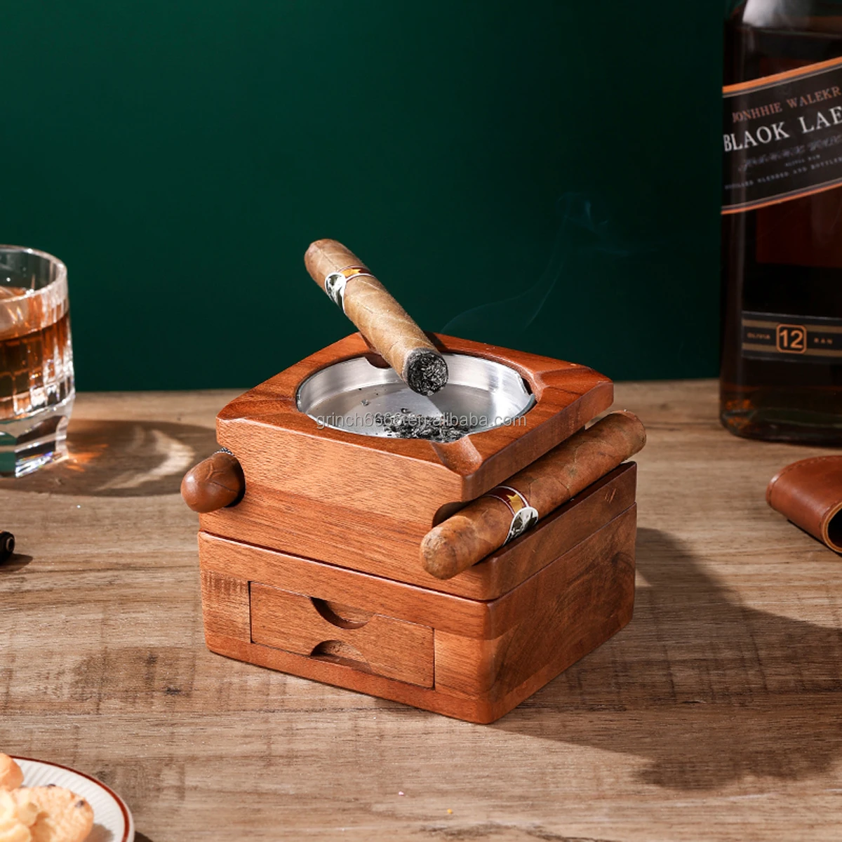 Cigar Ashtray Gift Set Wooden Ashtray With Whiskey Glass Tray Wooden ...