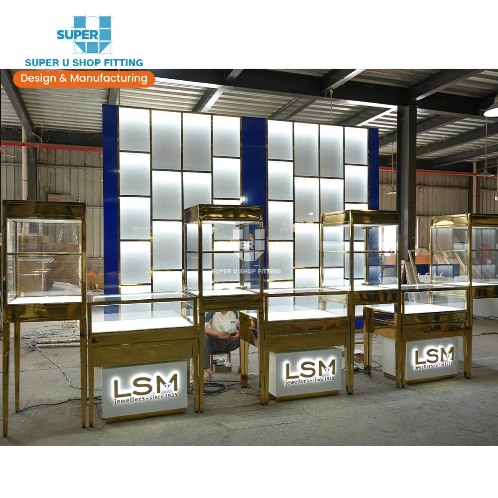 Trendy Custom Lockable Jewellery Display Cabinet Gold Lighting Glass ...