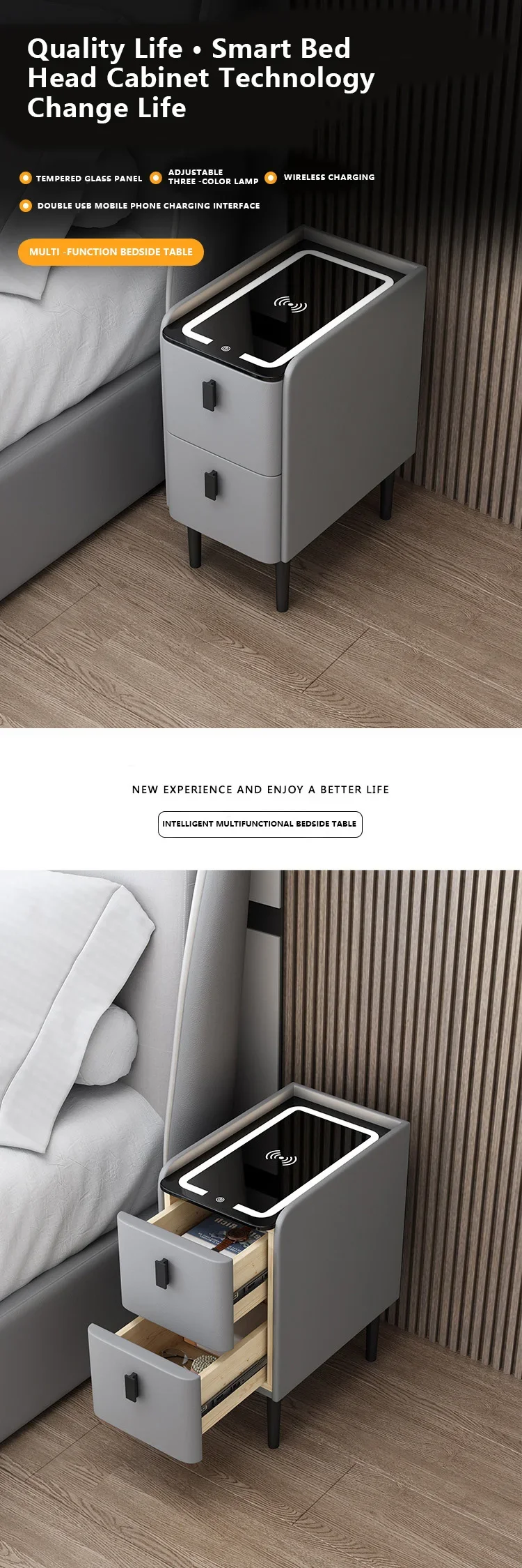 Bed Room Furniture Luxury Wooden Smart Bedside Table Modern Nightstands ...