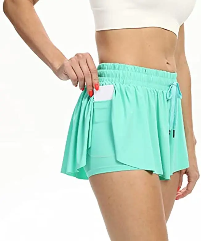 Girls 2-in-1 Double Layer Running Yoga Wavy Shorts Quick-Dry Drawstring ...