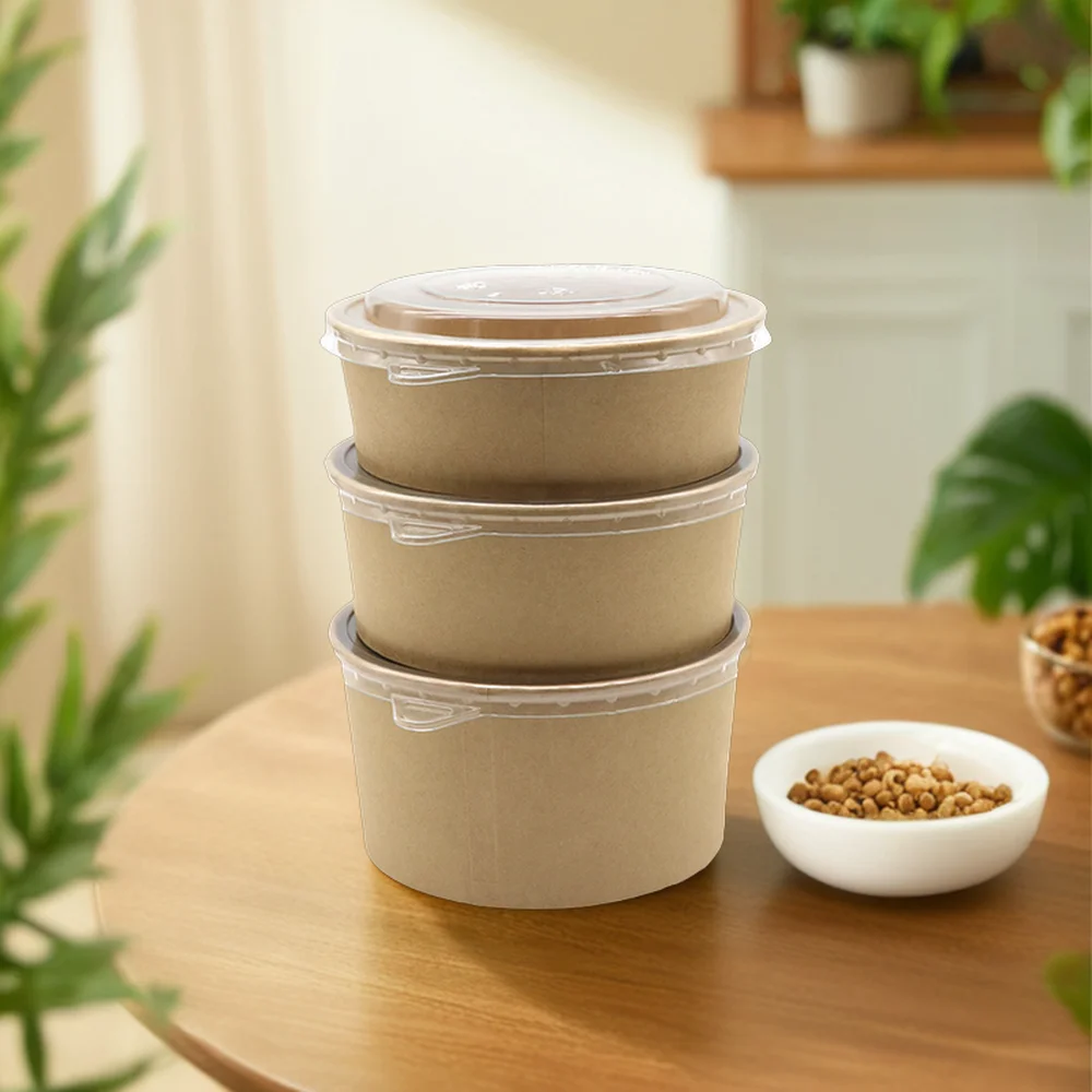 21oz Disposable Kraft Paper Salad Bowl And Fruit Container Set With Lid ...