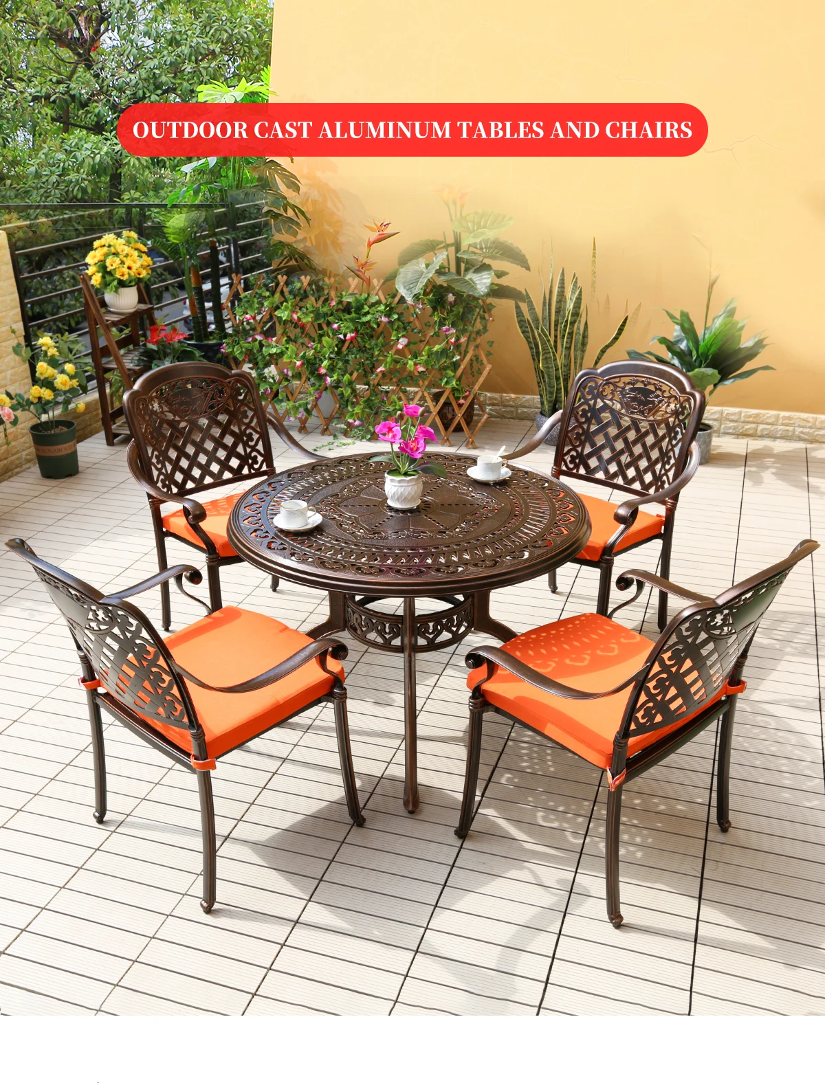 Low MOQ Outdoor Carved Dining Table Set 6 Chairs Cast Aluminum Furniture Patio Tables and Chairs ...