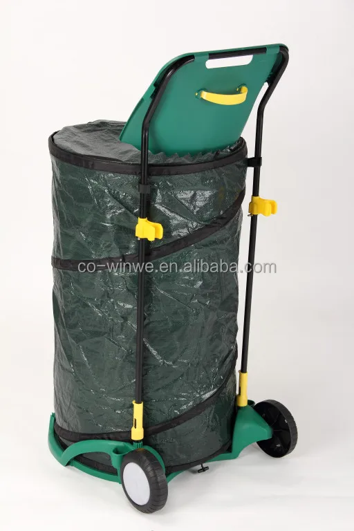 Pop Up Plastic Garden Garbage Cart Foldable Waste Bag Cart With Wheels ...