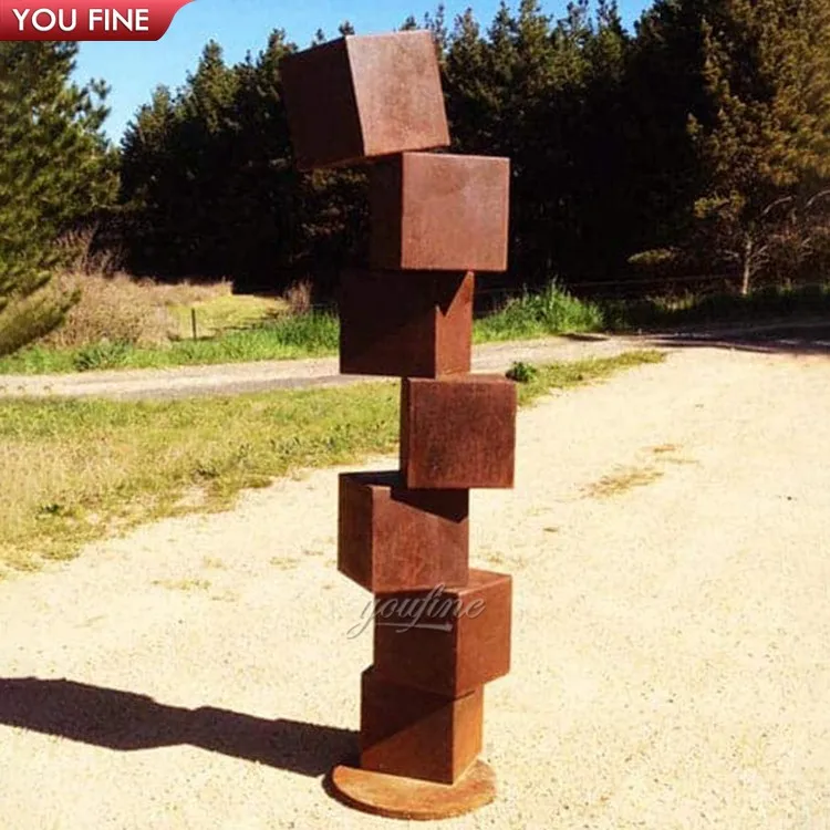 Outdoor Garden Corten Metal Cube Tower Stainless Steel Art Sculptures
