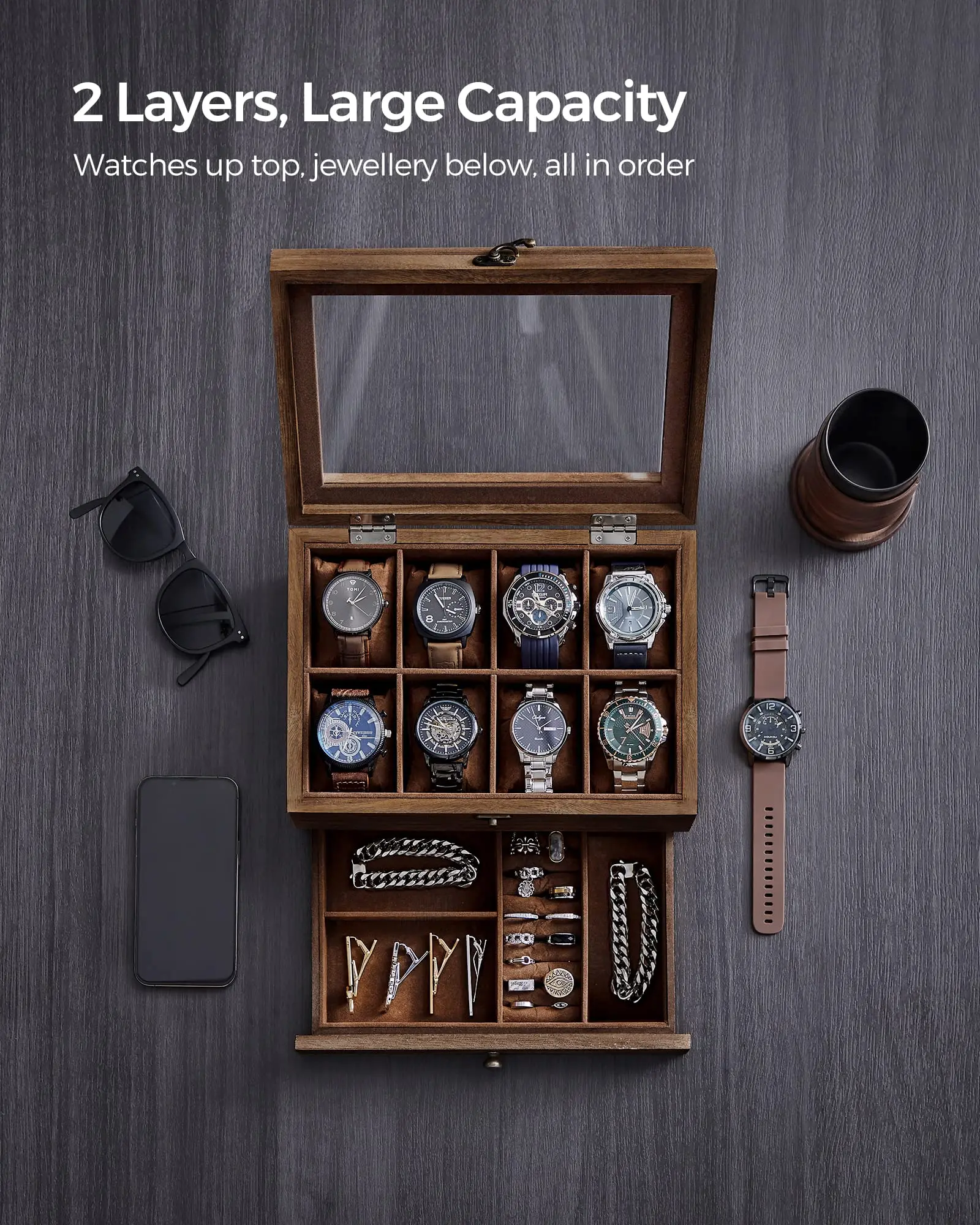SONGMICS Watch Box with Jewelry Drawer - Storage & Display