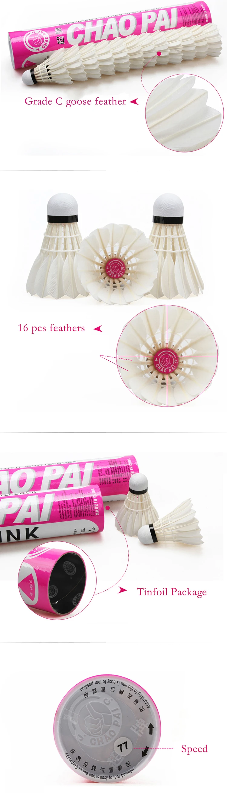 Chaopai Deeppink Badminton Shuttlecocks - Durable & High Quality