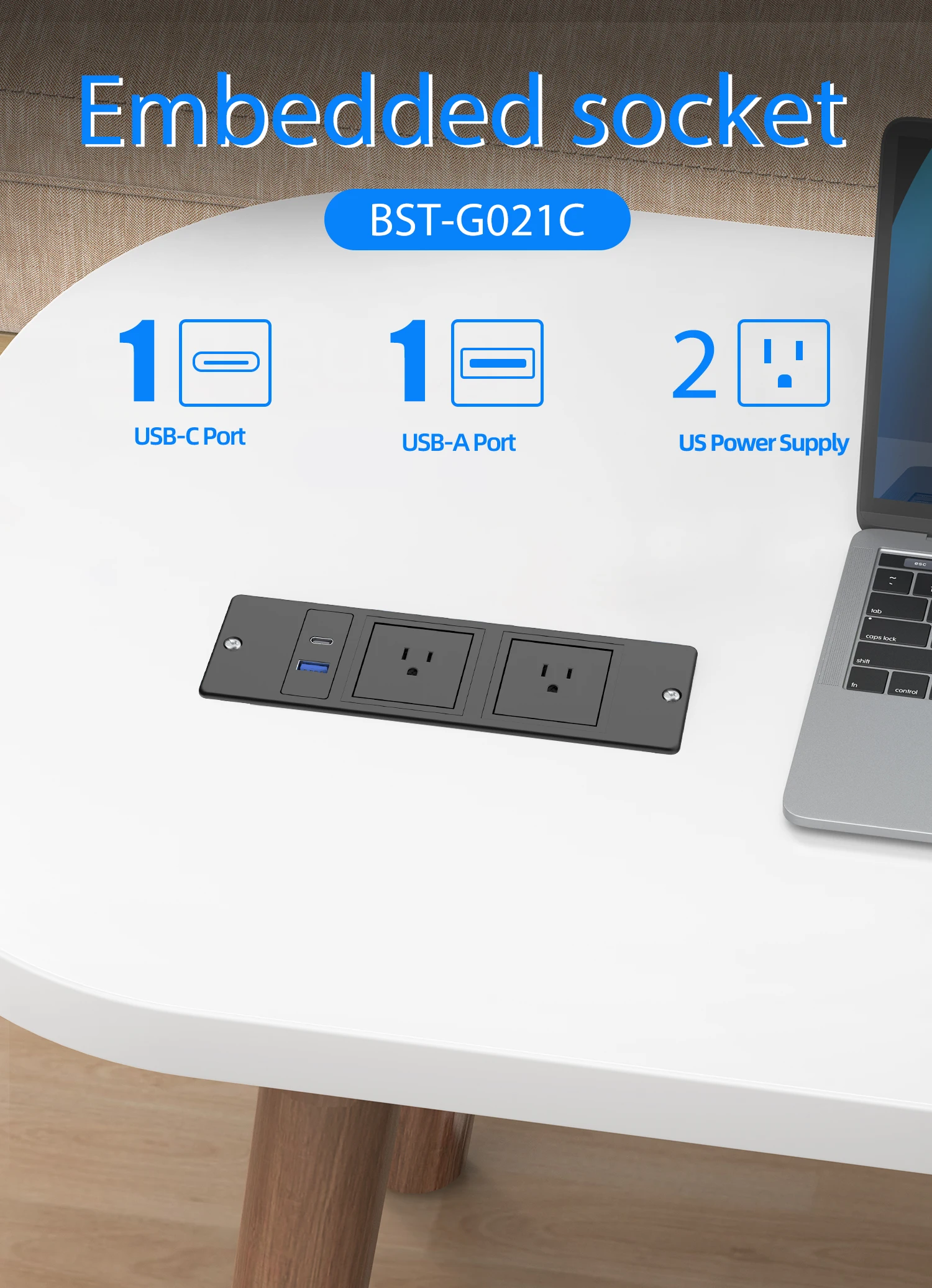 Furniture Power Strip - Built-in USB Type-C & Panel Sockets