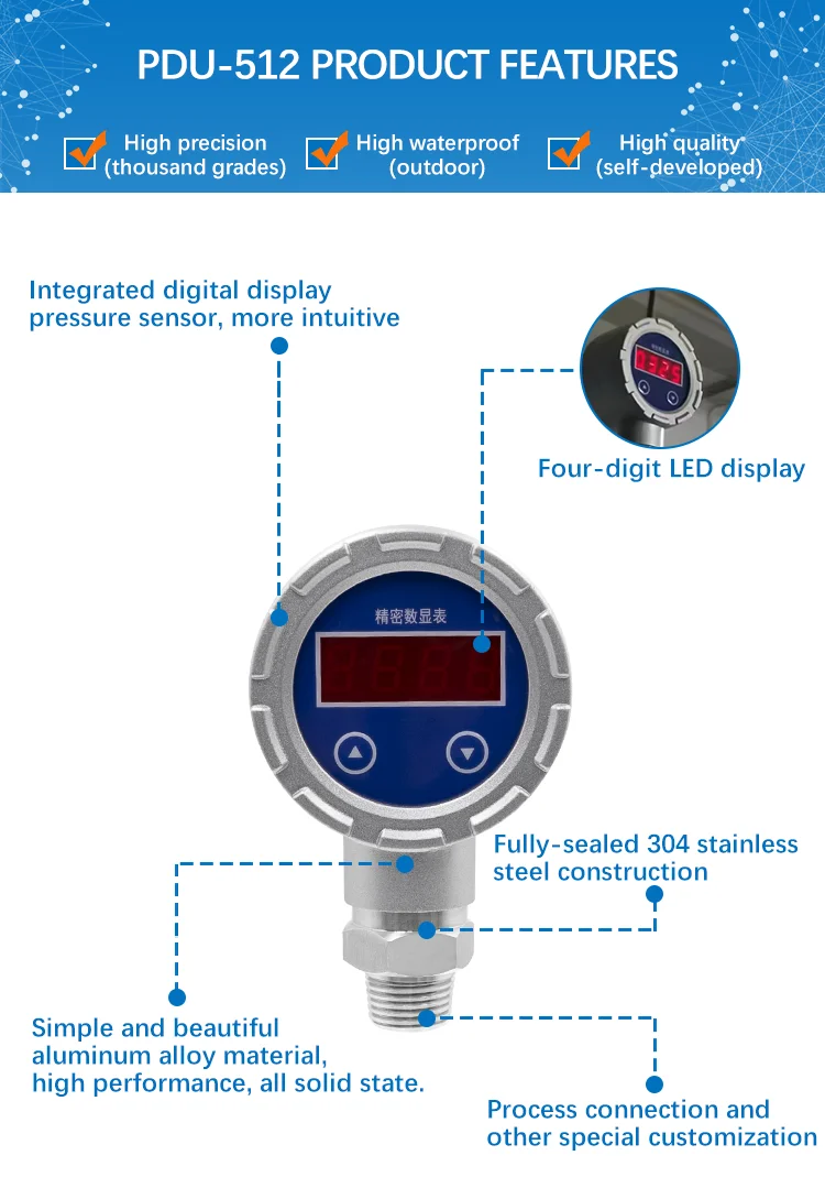4-20ma Pressure Sensor With Display Pdu-512 For Gauge Vacuum Water ...