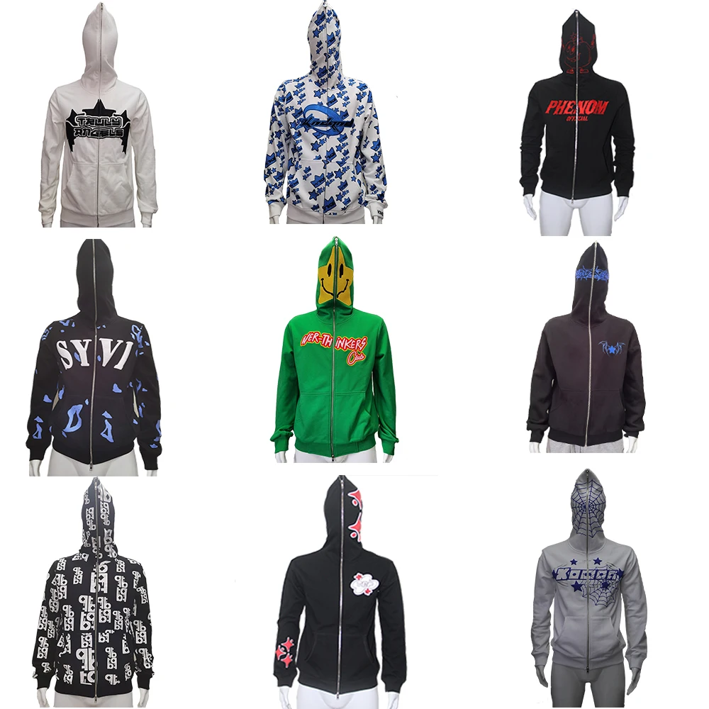 Men's Double Zipper Full Face Zip Hoodie Black Graphic Oversized ...