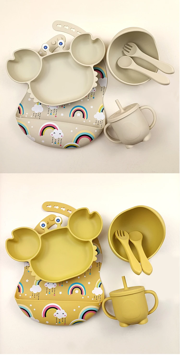 RTS Baby Tableware Kit Bebe Silicone Feeding Set Suction Plate Printed ...
