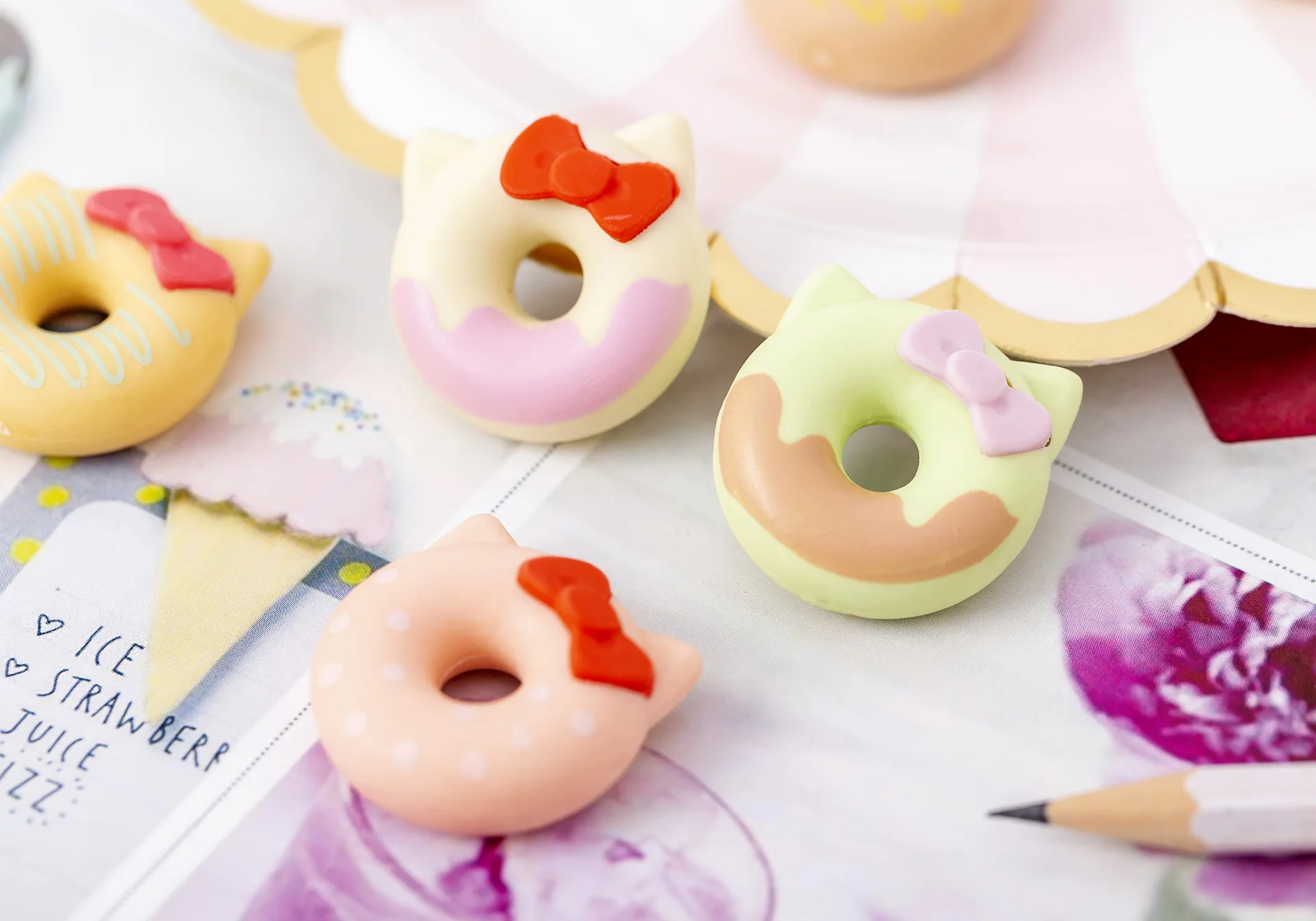 Cute Kawaii Creative Bow Cat Donut Eraser Shape School Kids Eraser Set ...