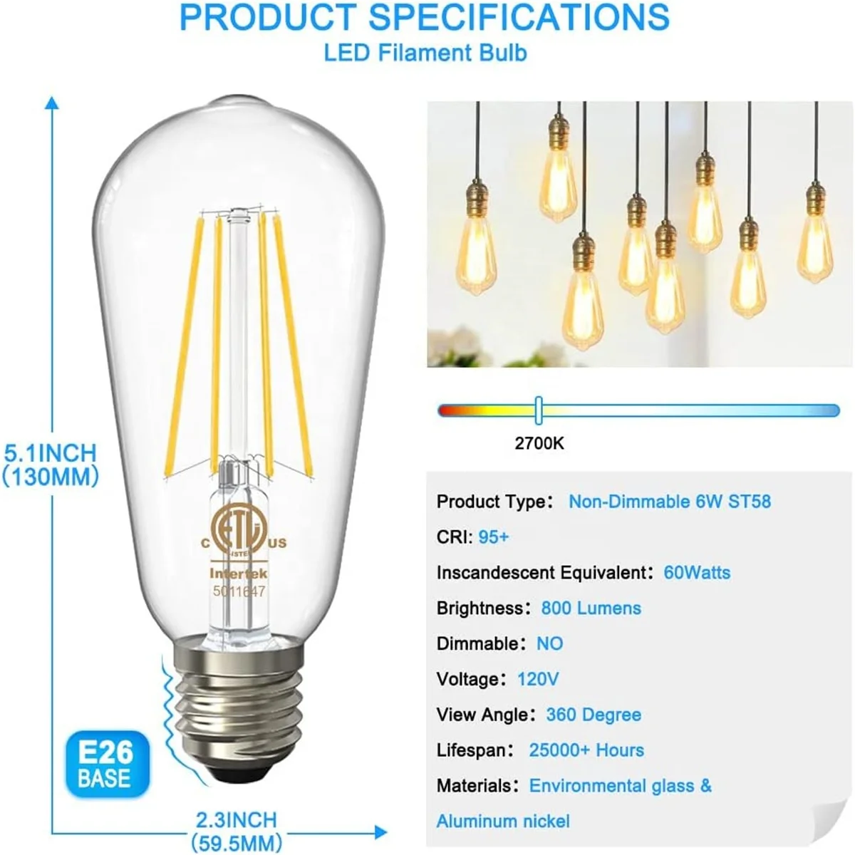 JESLED 4W 6W 8W LED Edison Bulb E27 E26 E14 E12 B22 Dimmable LED Bulb ...
