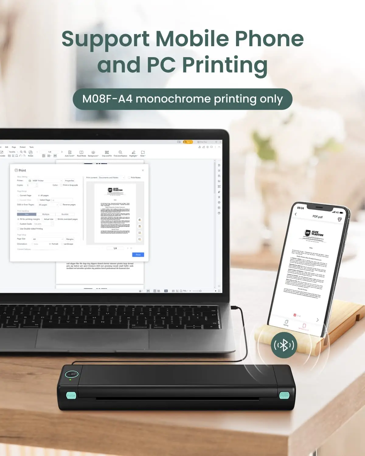 M08F A4 Paper Portable Thermal Printer - Wireless & Versatile