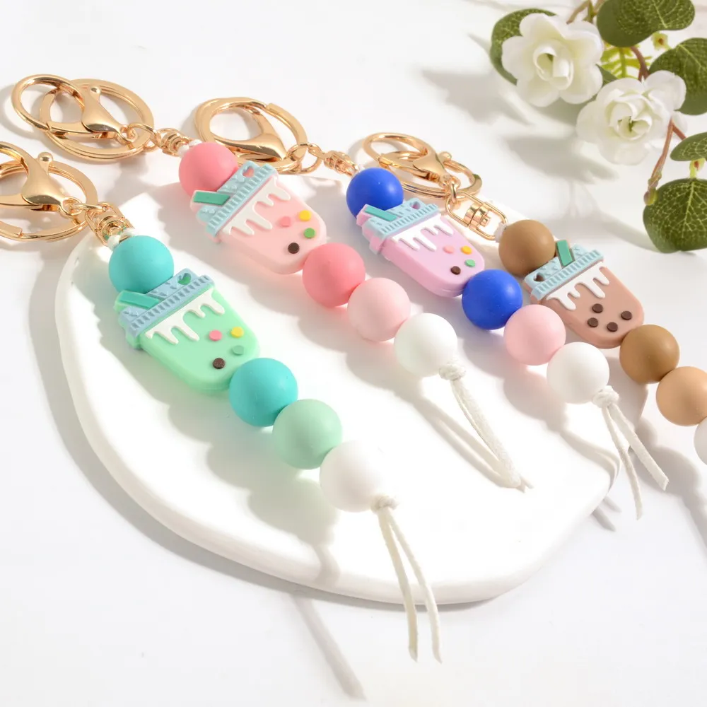 Bubble Tea Teacher Keychain Cute DIY Keyrings Silicone Beads Hand Woven ...
