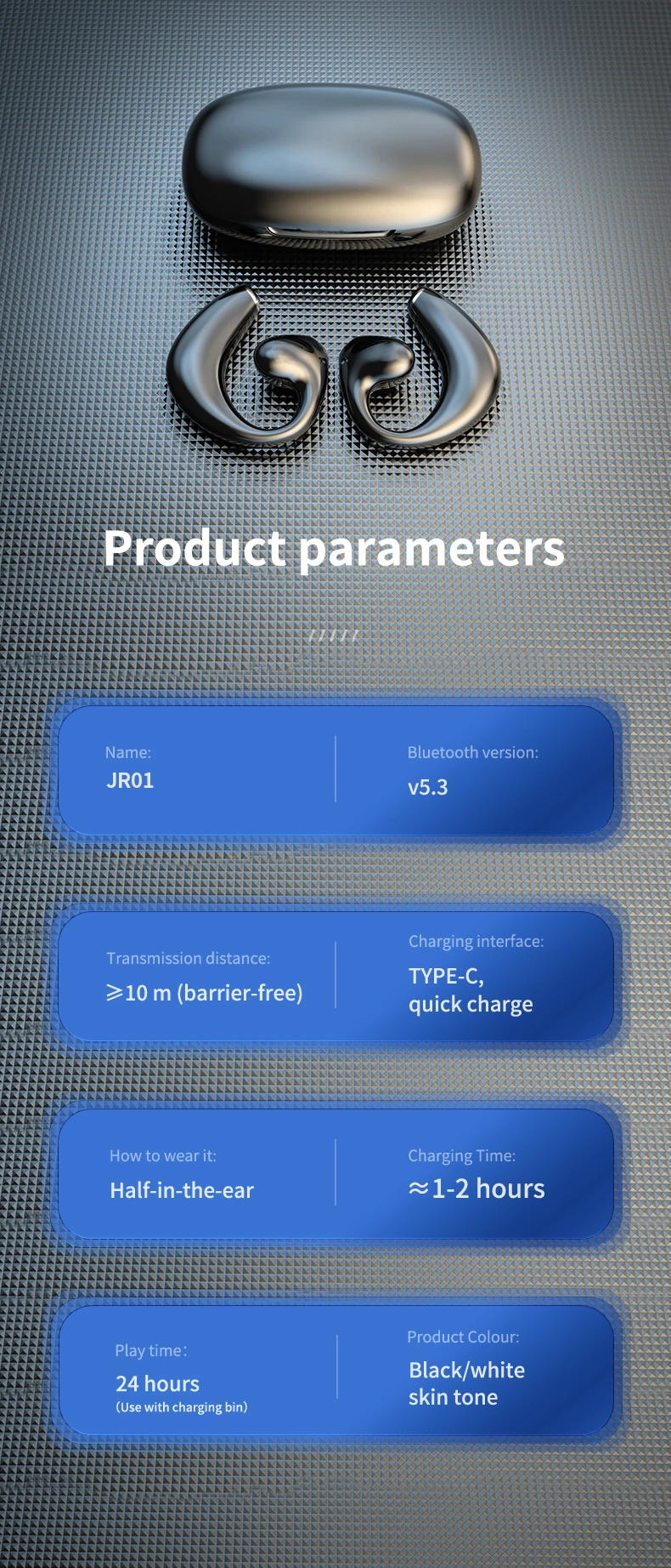 JR02 TWS Wireless Bone Conduction Headphones - LED Earbuds