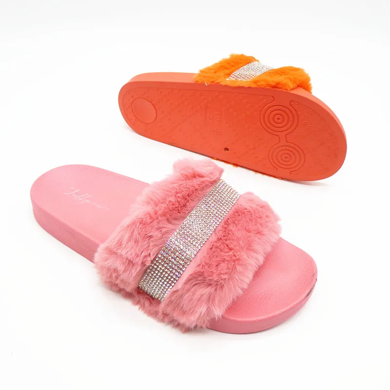 Womens Fur Slipper Rhinestone rainbow Sandals Women Furry Shoes Winter ...