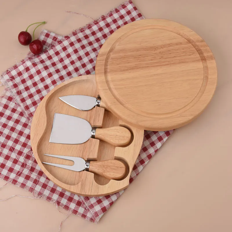 Mini Round Rubber Wood Circle Cheese Board Set With 3 Knives Snack ...