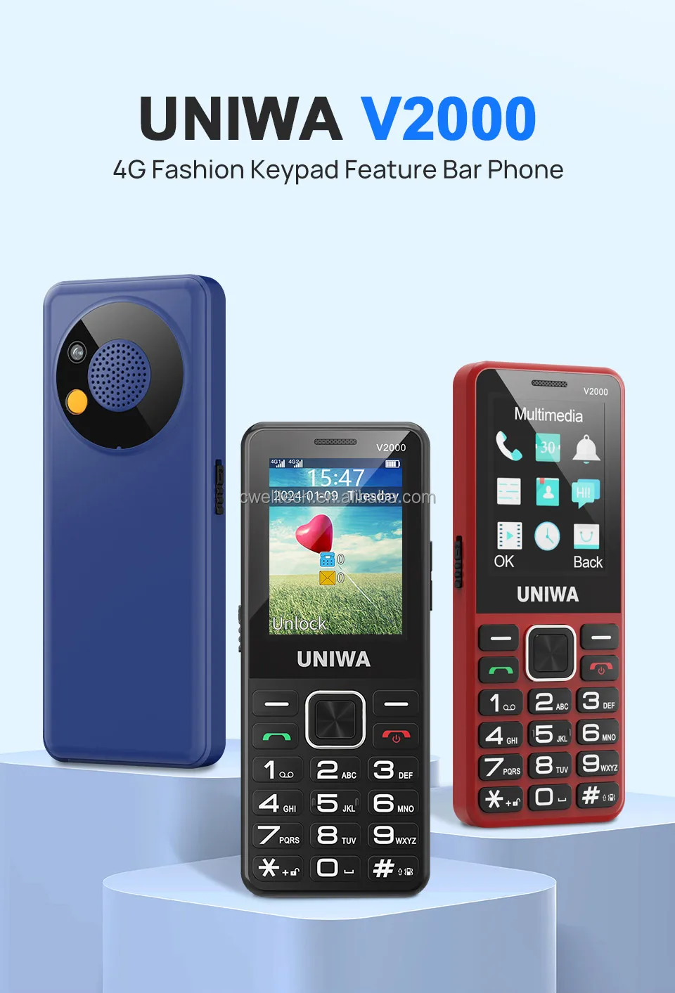 UNIWA V2000 2.4 Inch IPS Screen Fashion Backup SOS Button 4G Keypad ...