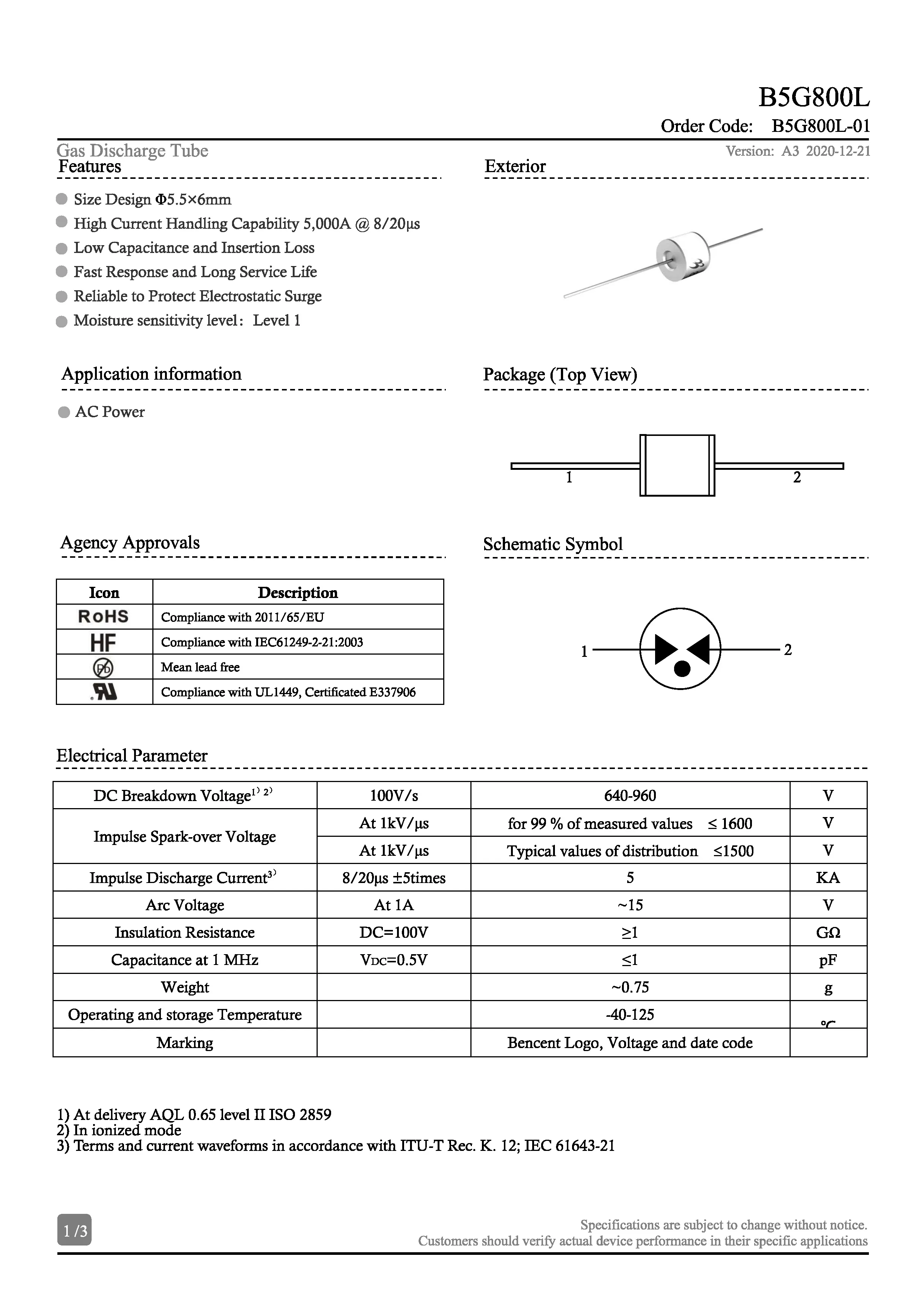 Gdt Gas Discharge Tube B5g800l Dip High Current Handling Capability ...