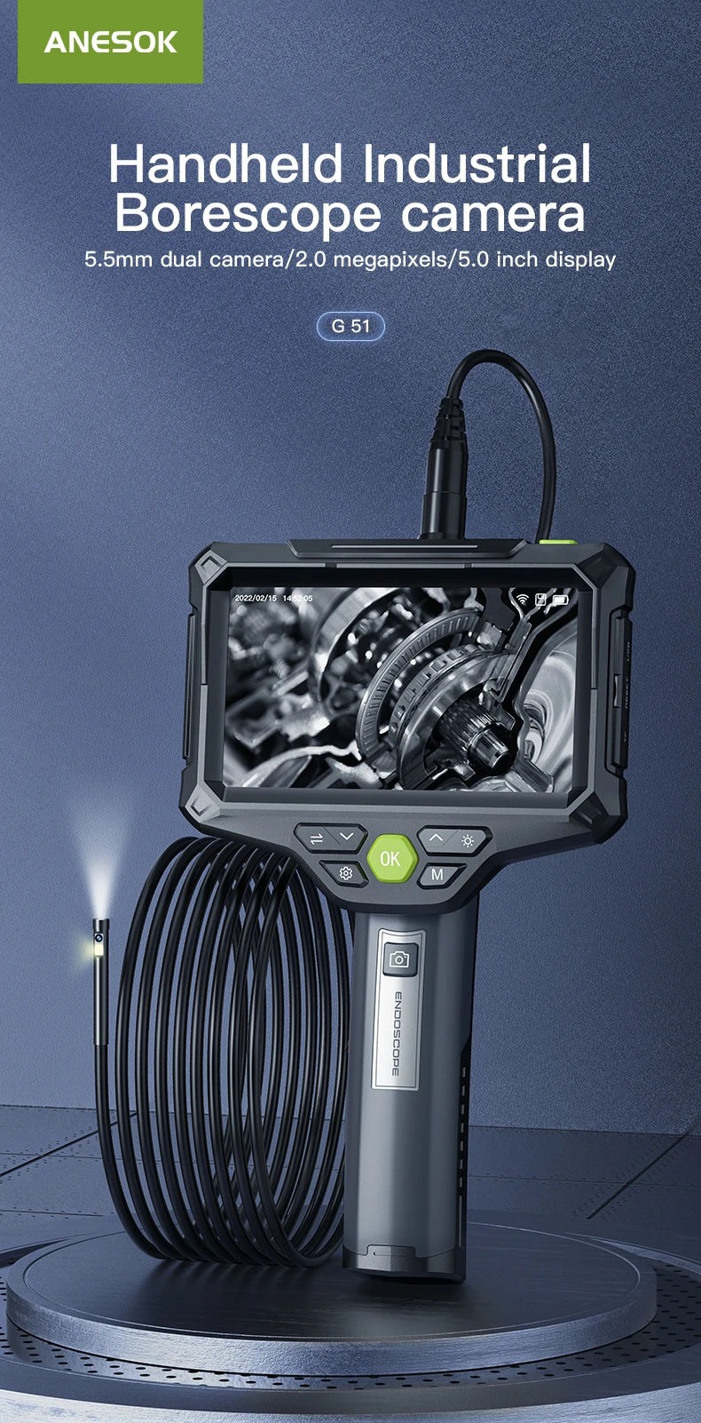 Anesok G51 Triple Lens Endoscope 5 Inch Hd Resolution Ips Screen Probe ...