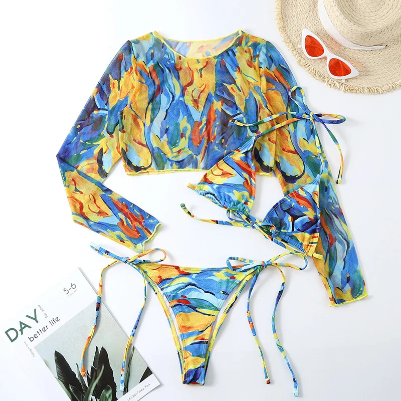 String Micro Bikini Set See Through Cover Up High Cut Bathing Suit ...