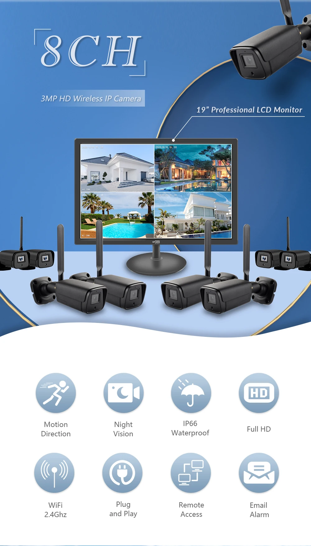 Hot Sell 3MP Wireless Wifi Camera 8 Channel NVR Kit With LCD Monitor ...