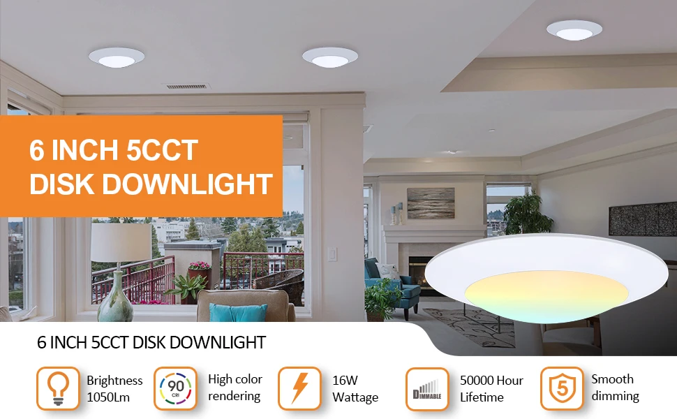 6" LED Disk Light 16W 5CCT Selected CRI 90 1050 LM Dimmable Surface ...