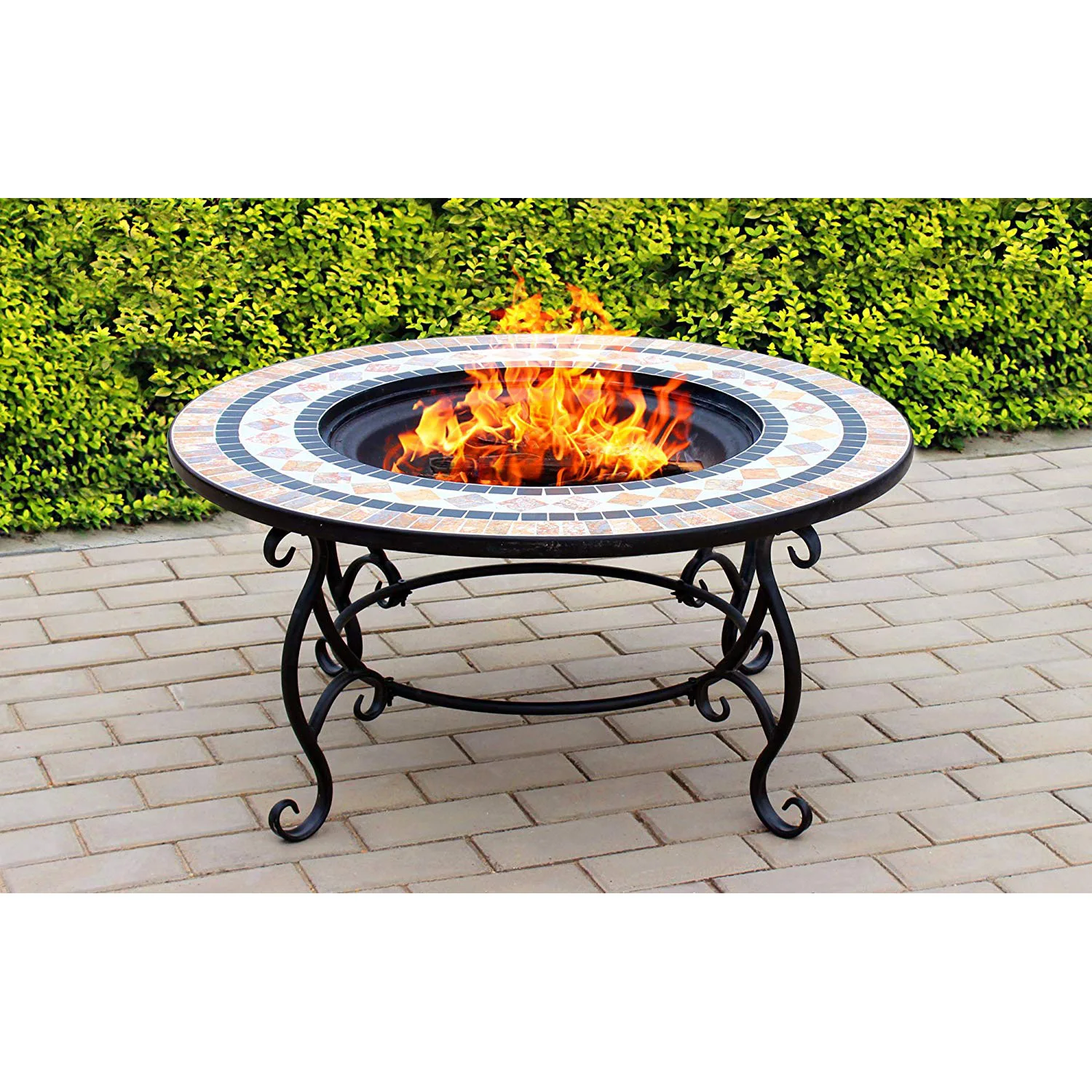 Outdoor Round Fire Pit With Ceramic Tiles Table Patio Backyard ...