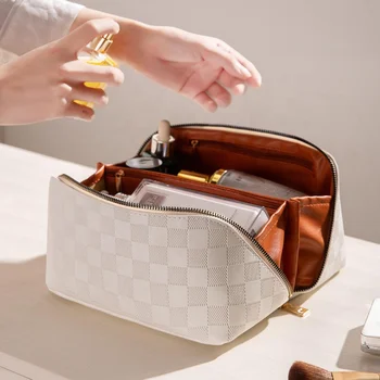 Fashion Open Flat Toiletry Bag Portable Trellis Design Pu Travel Makeup ...