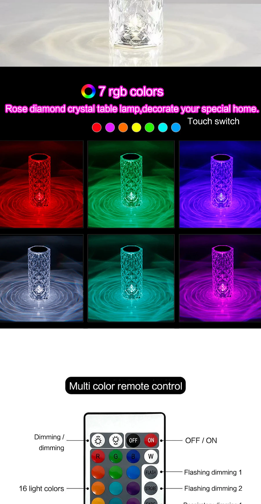 Touch Control Rose Crystal Lamp - RGB Color Changing Table Lamp