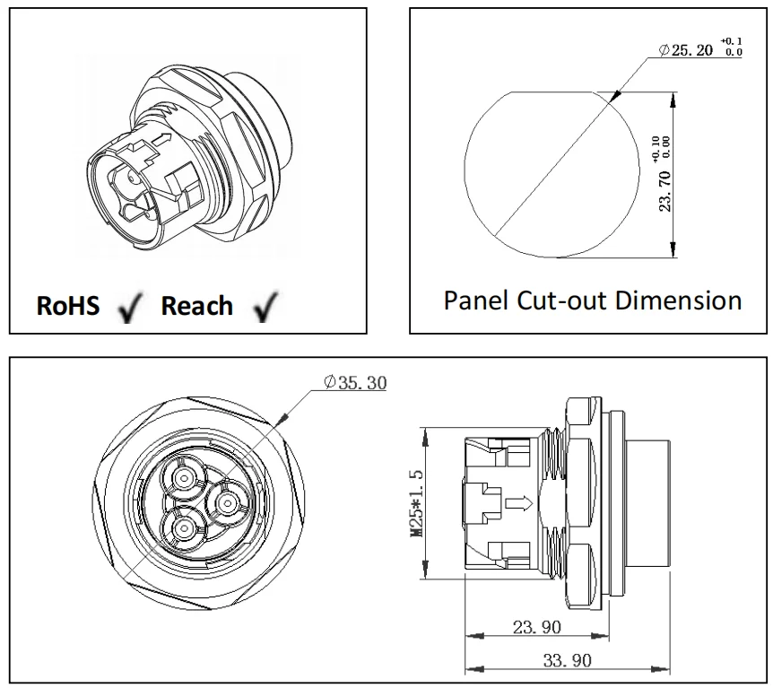 Handa M25 3 PIN On-Grid Off-Grid AC Connector for Solar Inverters ...