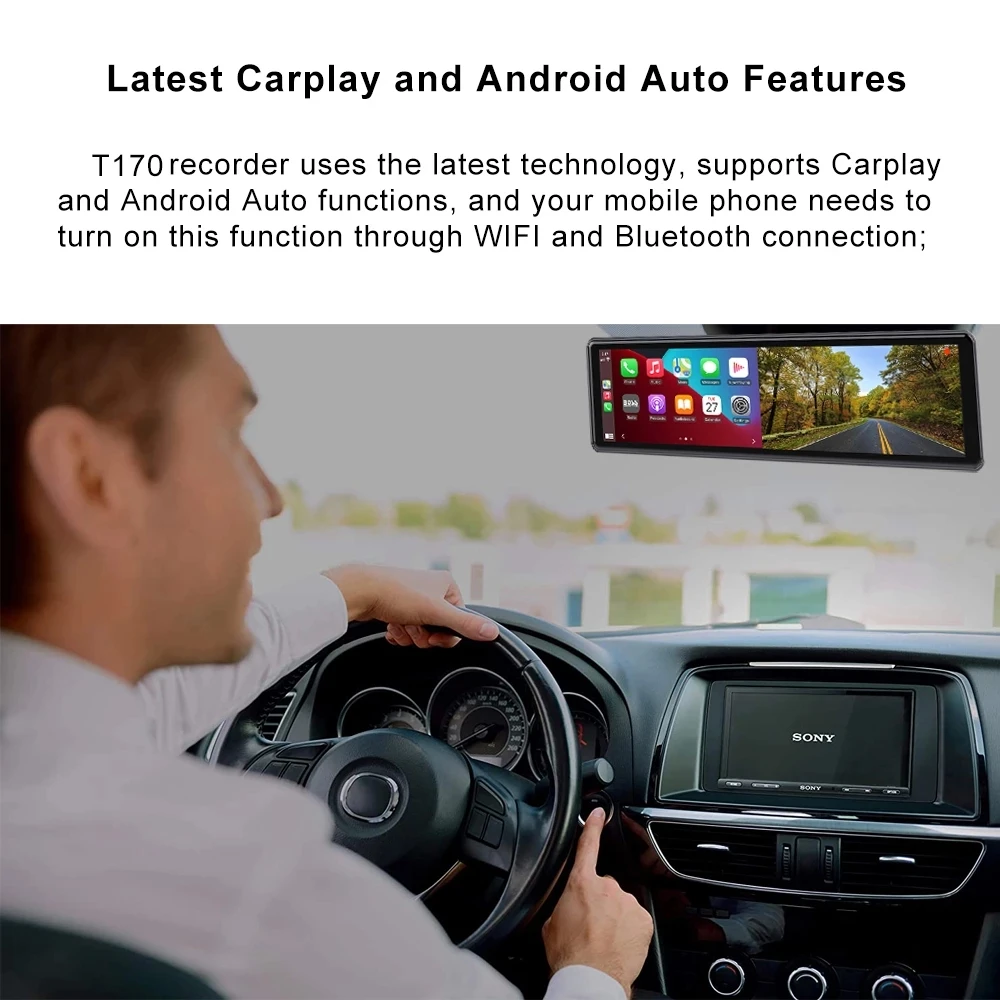 Dash Cam Wifi Wireless Carplay & Android Auto 1440p 3 Cameras Rearview ...