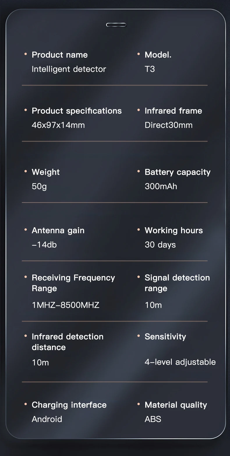 T3 Infrared Detection Wireless Bug Detector With Adjustable Sensitivity Odm