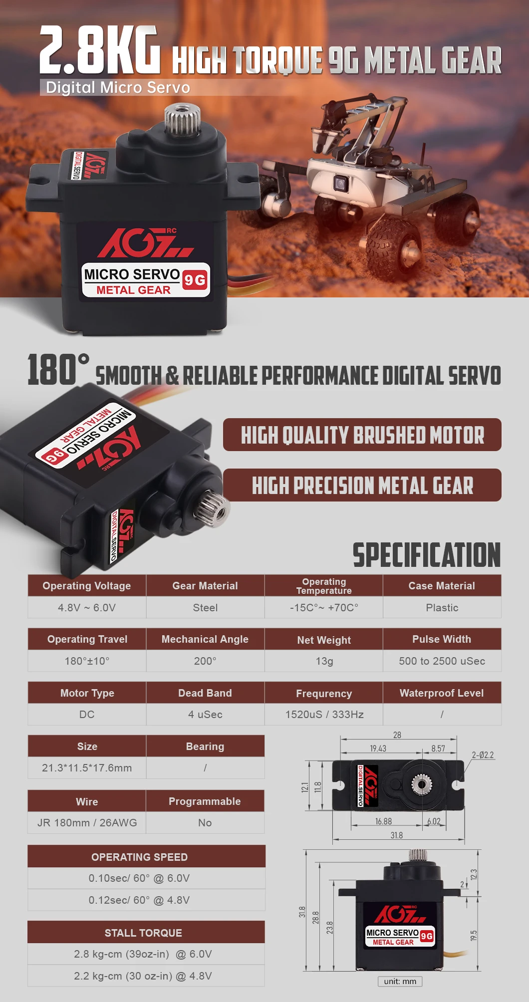 Agfrc B11dls 6v Dc Motor 2.8kg 0.10sec Plastic Shell Steel Gear Micro ...