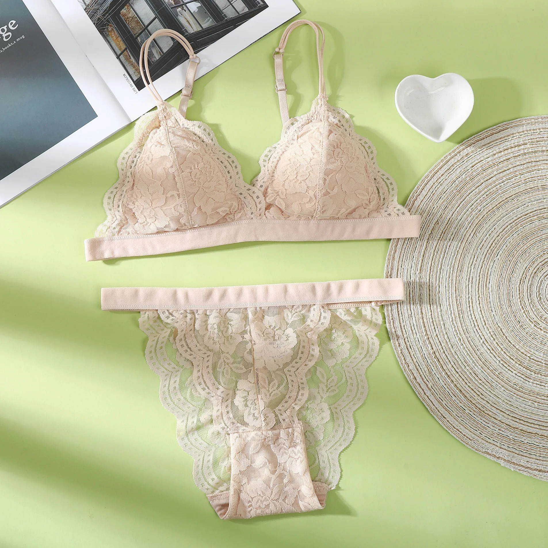 Women’s French Lace Bralette & Panty Set - Wireless & Padded