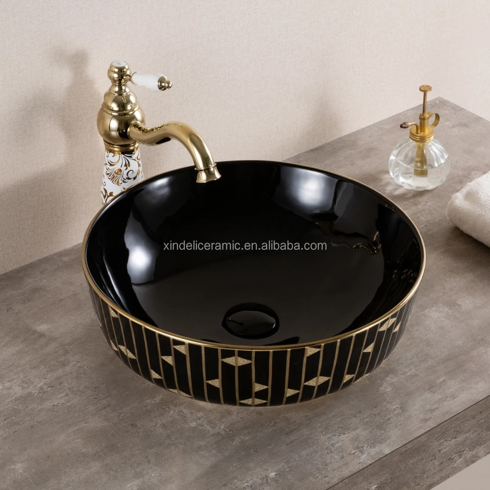 Luxury Black Gold Above Counter Basin Round Bowl Shaped Porcelain ...
