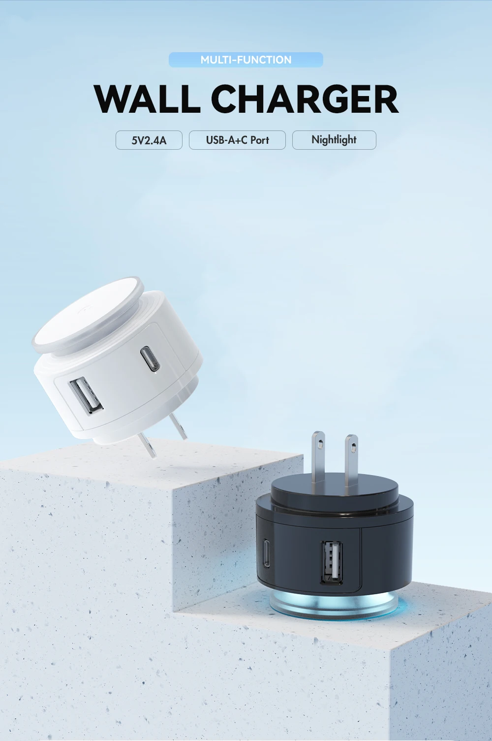 Custom Wall Charger & Adapter Rgb Night Light 5v/2.4 A+c Port Charger ...