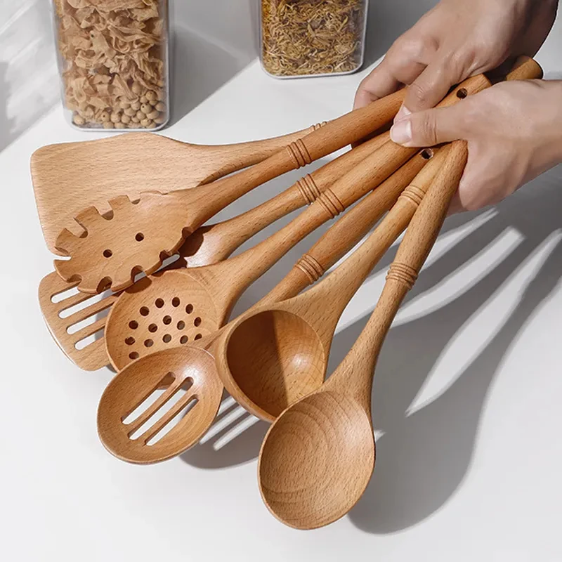 Wood Kitchen Utensils Set Bamboo Joint Design Nature Wooden Spaghetti ...