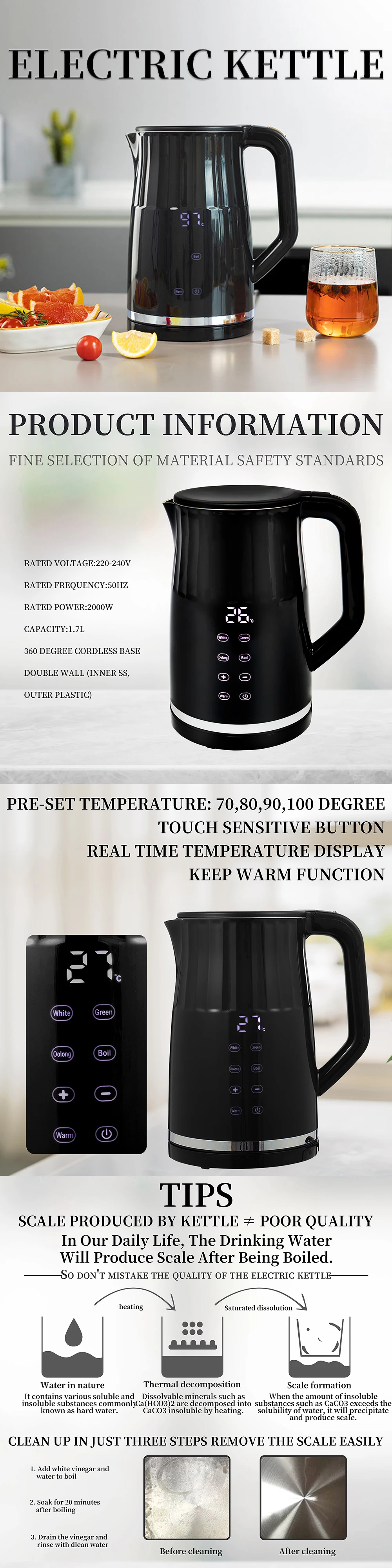 Professional 1.7l Electric Kettle 2000w Boiling Water Kettle ...