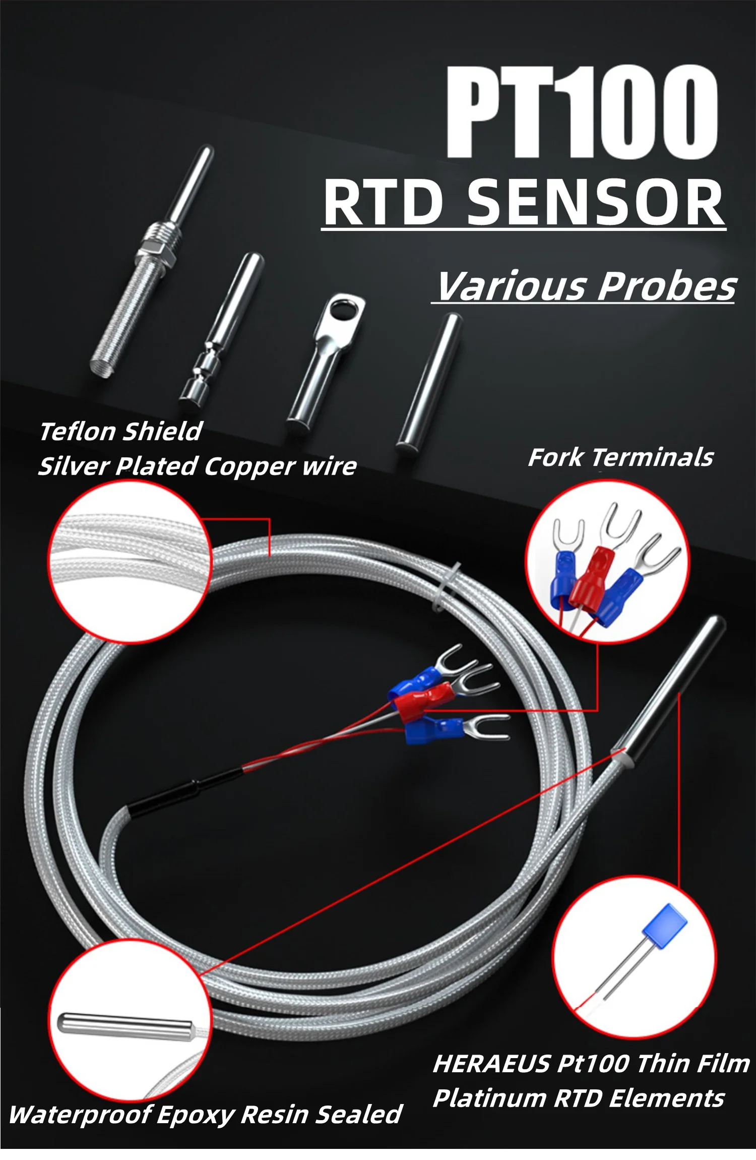 Probe Flexible Pt100 Rtd Sensor Pt1000 Temperature Sensor 3wire Ptfe ...