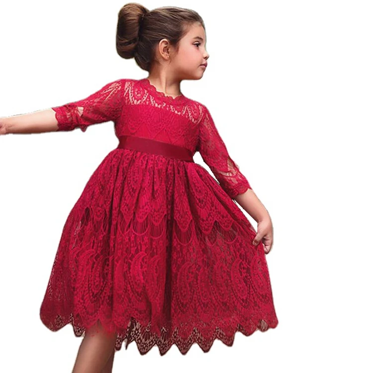 Half Sleeve Red Kids Clothes Princess Dress Girl Frock Children Lace ...