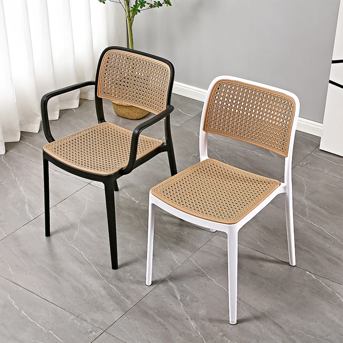 Mid-Century Molded Plastic Rattan Arm Chairs, PP Hollow Seat High Back ...