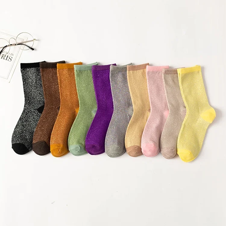 Women's Style Gold Silk Material Fashion Socks Solid Color Glitter ...