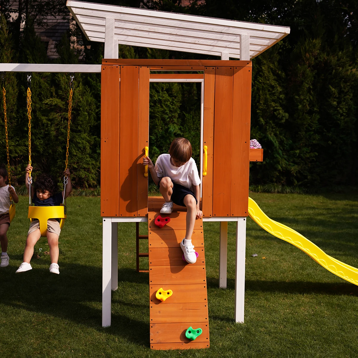 Outdoor Wooden Swing & Slide Set for Kids School Kindergarten Courtyard ...