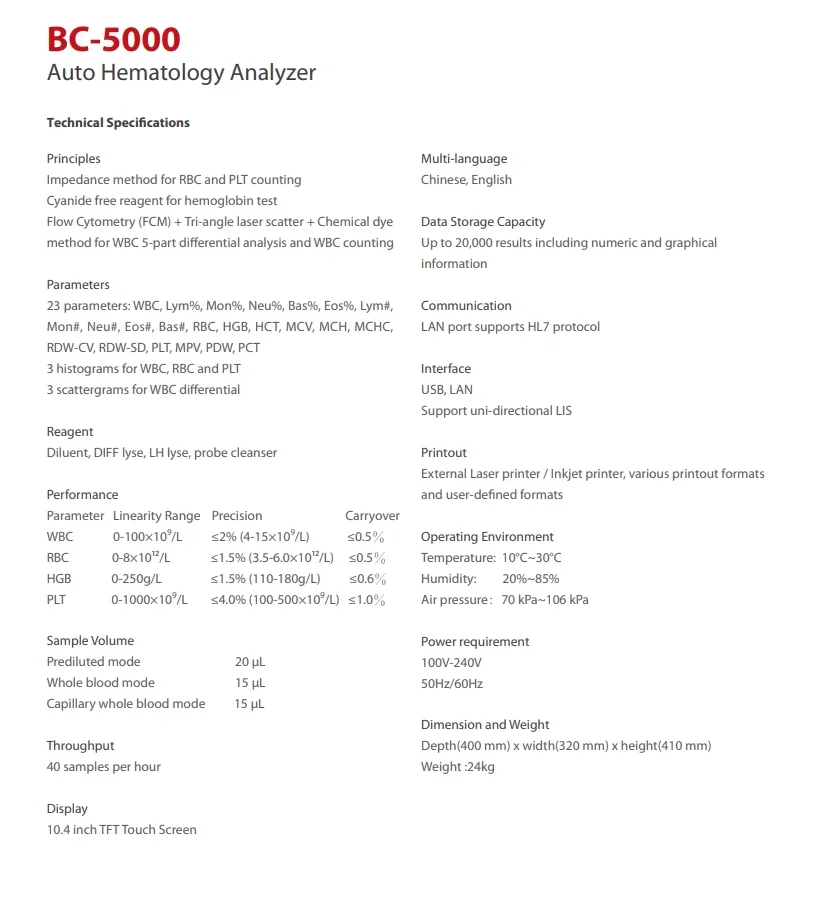 Mindray BC-5000 Auto Hematology Analyzer Veterinary Diagnostic ...